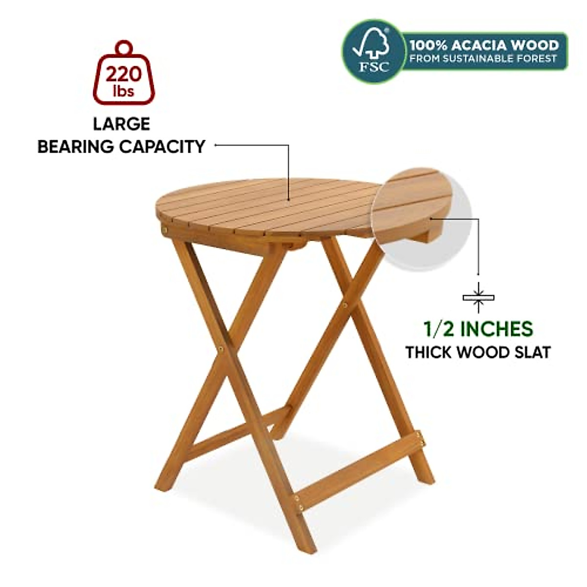 IDZO Heavy Duty 400lbs Capacity Acacia Wood 3 Piece Outdoor, Folding Bistro Set w/Cushion, Round Table, Teak Finish