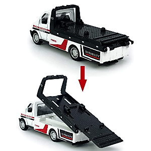 Flatbed Truck Toy Rescue Tow Truck Transport Trailer Car Carrier Metal Diecast Pull Back Vehicles 2 in 1 Vehicle Playset Toy Trucks for Boys Kids Toddlers Birthday Gifts for Age 3 4 5 6, White