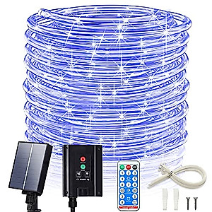 ICRGB Solar Rope Lights, 66FT 200 LED Outdoor String Lights, Blue Fairy Lights with Remote, 8 Modes, Timing Function, IP67 Waterproof, Outdoor Garden Patio Decorative,for Christmas Wedding Party