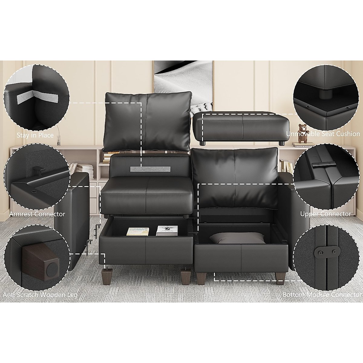 EASE MOOSE Modular Sectional Couch with Storage Seats, 4 Seat Faux Leather Convertible Modular Sofa Sectional Sofa Couch with Reversible Chaises for Small Spaces