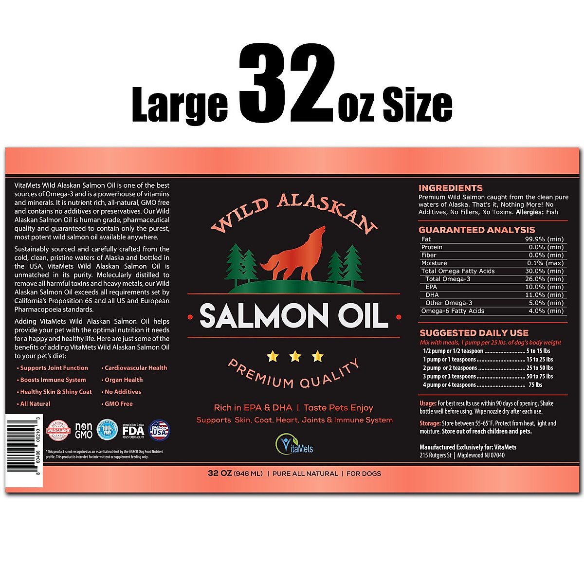 Vitamets Wild Alaskan Salmon Oil for Dogs, Cats and Pets – 100% Natural Omega-3 Fish Oil Supplement with DHA and EPA Promotes Hip and Joint Function, Healthy Skin and Coat (32 oz)