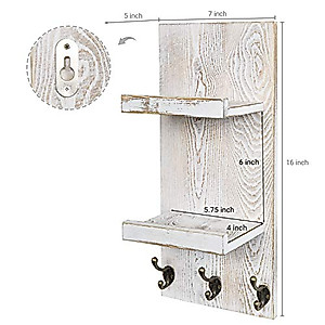 MyGift Wall Mounted White Washed Solid Wood Bathroom Shelf Rack with 2 Tier Shelves and 3 Dual Hooks, Wall Hanging Storage Display for Bath Supplies and Decor