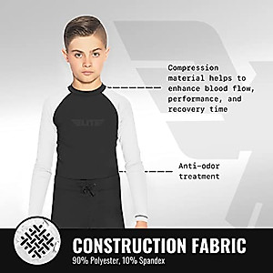 Elite Sports Rash guards for boys and girls, full sleeve compression BJJ kids and youth rash guard (White, Large)