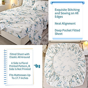 RYNGHIPY Flowers and Birds Sheet Sets Queen Size, Botanical Floral Egyptian Cotton Bedding Sheets, Shabby Cotton Sheets with Pillowcases Extra Breathable 4Pcs (Cyan,Queen Size)