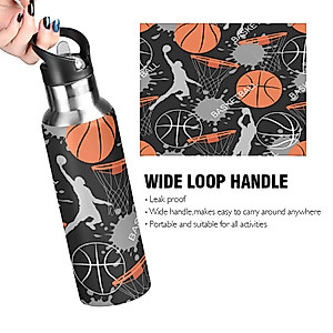 Basketball Football Sports Kids Water Bottle Thermos with Straw School Vacuum Insulated Stainless Steel Thermos Bottle Cup Leakproof Sport Travel Cup Mug Handle for Boys Man Women 20 OZ