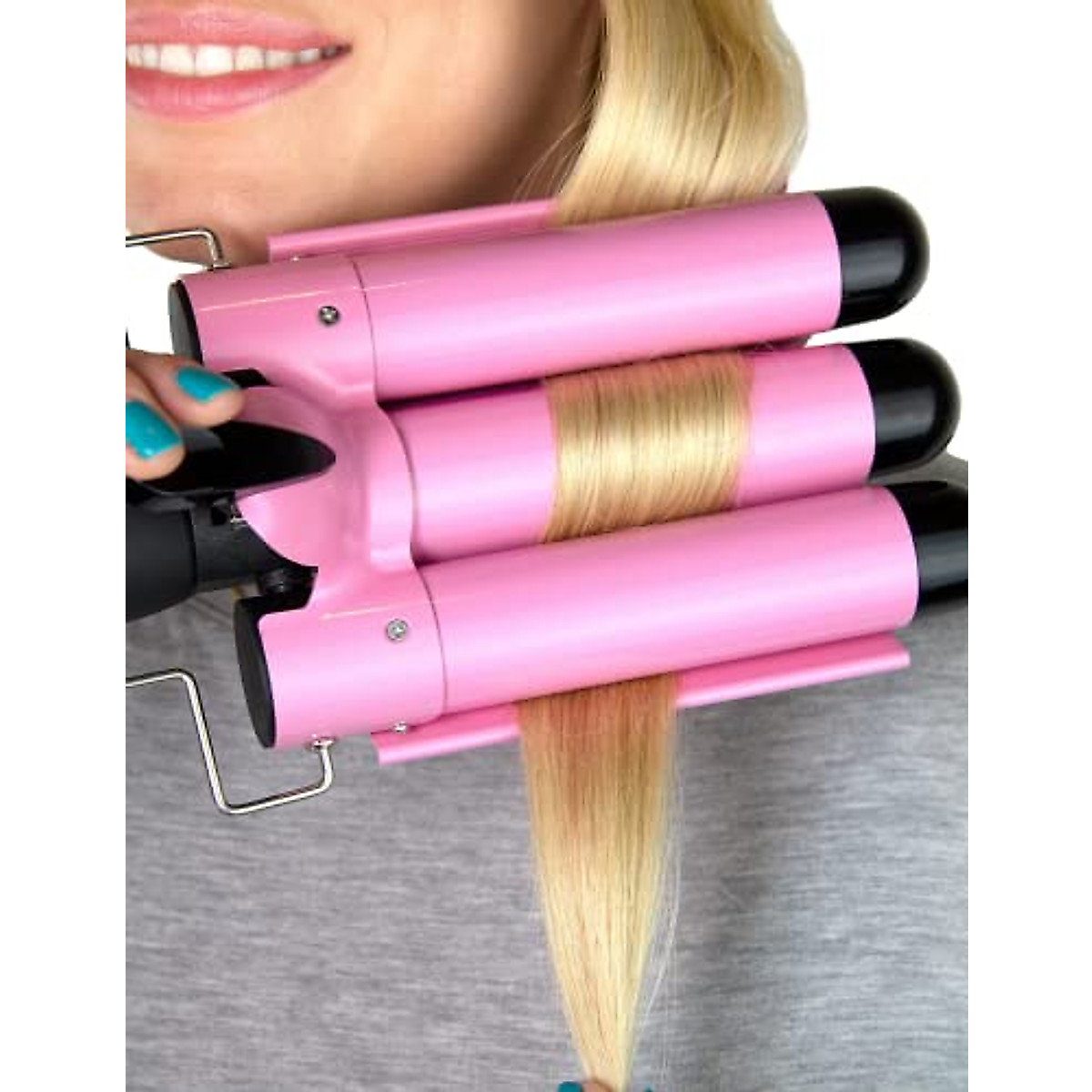 Trademark Beauty Babe Waves Jumbo -Three Barrel Hair Waver, Curling Iron, 1.25 Inch, Quick Heat, Adjustable Temperature Hair Curler - Pink