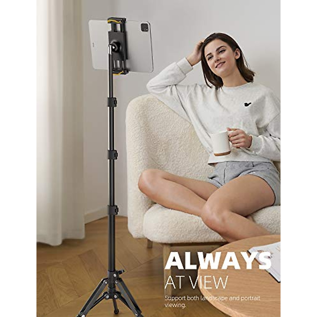 Lamicall Tablet Floor Tripod Stand - 64.9" Tablet Holder Mount with Adjustable Height for Stream/Watching with Bluetooth Remote, for iPad Pro 12.9, Mini, Air, iPhone and 4.7-13" Tablet and Cellphone