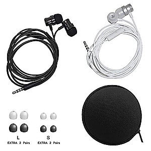 2 Packs Earbud Headphones with Remote & Microphone and Case, findTop Earphone Stereo Noise Isolating Tangle Free for iOS and Android, Fits All 3.5mm Interface Device- Black & White