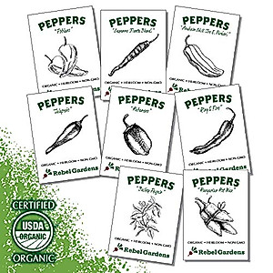 Hot Pepper Seeds - Organic Heirloom Chili Seed Variety Pack for Planting - Cayenne, Jalapeno, Habanero, Poblano, and More