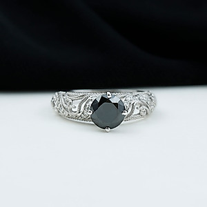 Black Onyx Solitaire Vintage Inspired Engagement Ring with Diamond | 1.50 Cttw | AAA Quality, 14K White Gold, Size:US 7.00