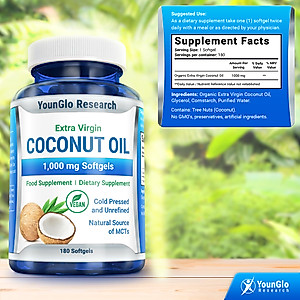 YounGlo Research Coconut Oil 1000 mg 100% Cold-Pressed Organic Extra Virgin Coconut Oil 180 Vegan Softgel Capsules Keto-Friendly Dietary Supplement Support for Hair, Nails & Skin Health