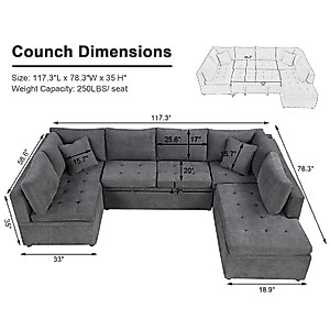 Suheww Pull-Out Sleeper Sectional, 117.3" Modular Sectional Sleeper Sofa with Pull Out Couch Bed, U Shaped Sectional Sleeper Sofa with Pullout for Living Room Grey
