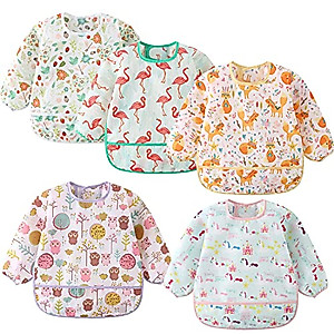 ElecMotive 5 Pack Long Sleeve Bib,Baby Toddler Waterproof Sleeved Bib for 6-30 Months Reusable with Catch-all Pocket