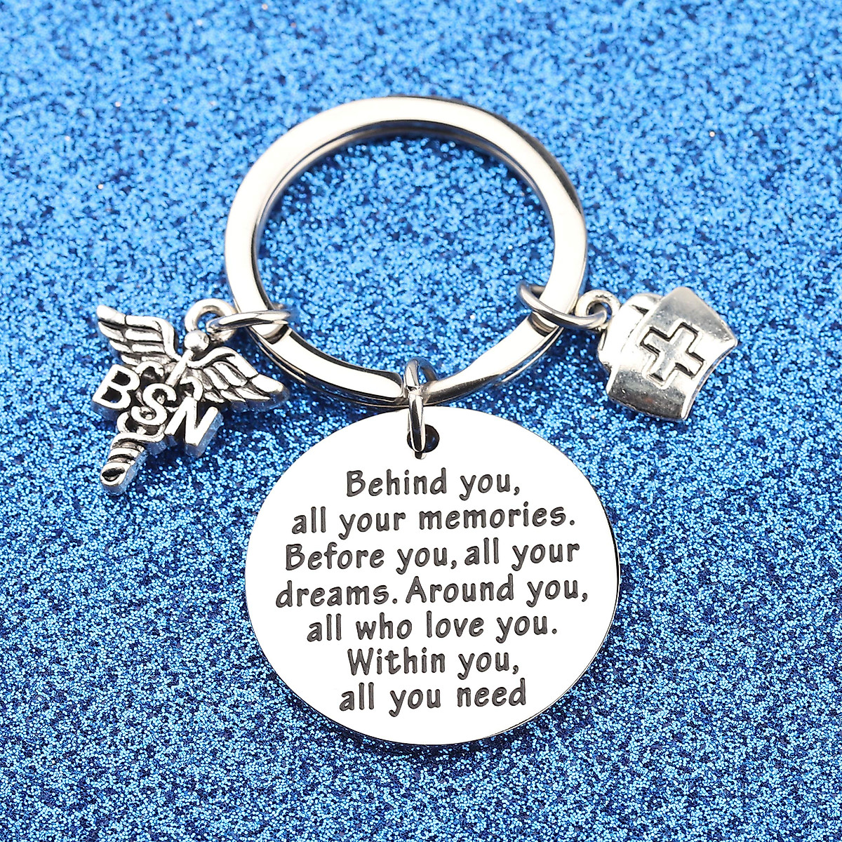 FEELMEM BSN Keychain BSN Bachelor of Science Nursing Gifts Behind You All Memories Before You All Your Dream BSN Graduation Gift for Women (BSN Keychain)