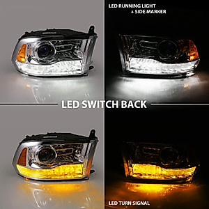 AmeriLite Halogen, led, Projector Car Headlights For 2009-2018 Dodge Ram 1500 2500 3500 Tube Switchback White & Amber Parking Turn Signal, Vehicle Light Assembly, Chrome With Switchback LED