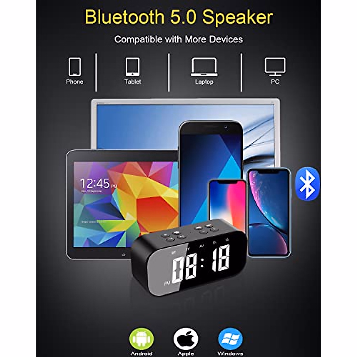 AFK Alarm Clock for Bedroom/Office,Digital Clock with Bluetooth Speaker,Small Alarm Clock for Heavy Sleepers Adults/Teens with Dual Alarms,Mirror LED Display,Hands-free Calling.(12H Format)