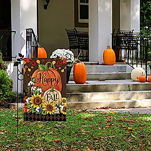 Happy Fall Garden Flag Burlap Autumn Vertical Double Sided Fall Thanksgiving Pumpkin Garden Flag Yard Outdoor Decoration 12.5 X 18 Inch