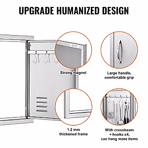 VEVOR BBQ Access Door, 17W x 24H Inch Single Outdoor Kitchen Door, Stainless Steel Flush Mount Door, Wall Vertical Door with Handle, Vents and Hook, for BBQ Island, Grilling Station, Outside Cabinet