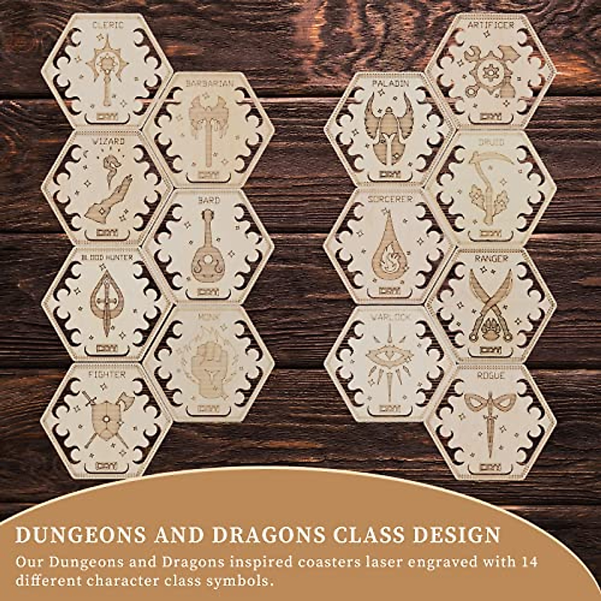 D&D Class Coasters Set of 14 with Holder Hexagon Gaming Mug Mats Wooden Laser Engraved DND Classes Icons Gift for Dungeons and Dragons Fans, Game Master