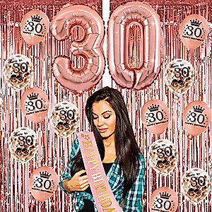 30th birthday decorations for her - (76pack) rose gold party Banner, Pennant, Hanging Swirl, birthday Balloons, Foil Backdrops, cupcake Topper, plates, Photo Props, Birthday Sash for women gift