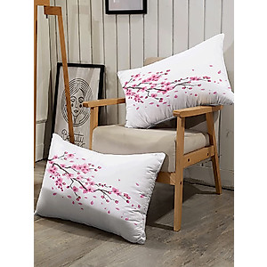 Oriental Romantic Flourishing Cherry Sakura Flower Branches Comforter Set for Girls Kids Teens, Queen Size Pale Pink Blossom Petal Quilted Duvet with 2 Nature Plant Pillowcases-90 x90(Pink, Queen)