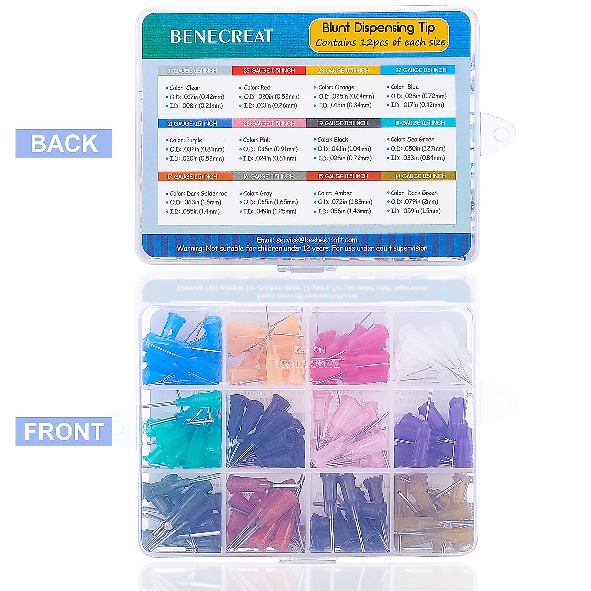 BENECREAT 144PCS 0.5 Inch 12 Different Gauge Blunt Tip Syringe Needles Dispensing Needle with Lure Lock for Refilling Liquid Inks and Syringes, Christmas Crafts Supplies
