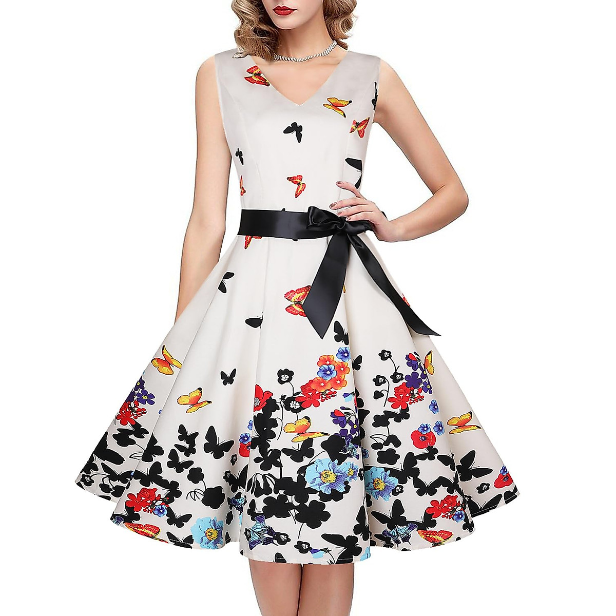 IHOT Women's Vintage Sleeveless 1950s Retro Floral Flare Swing Spring Garden Cocktail Party Dress Yellow Plaid Medium