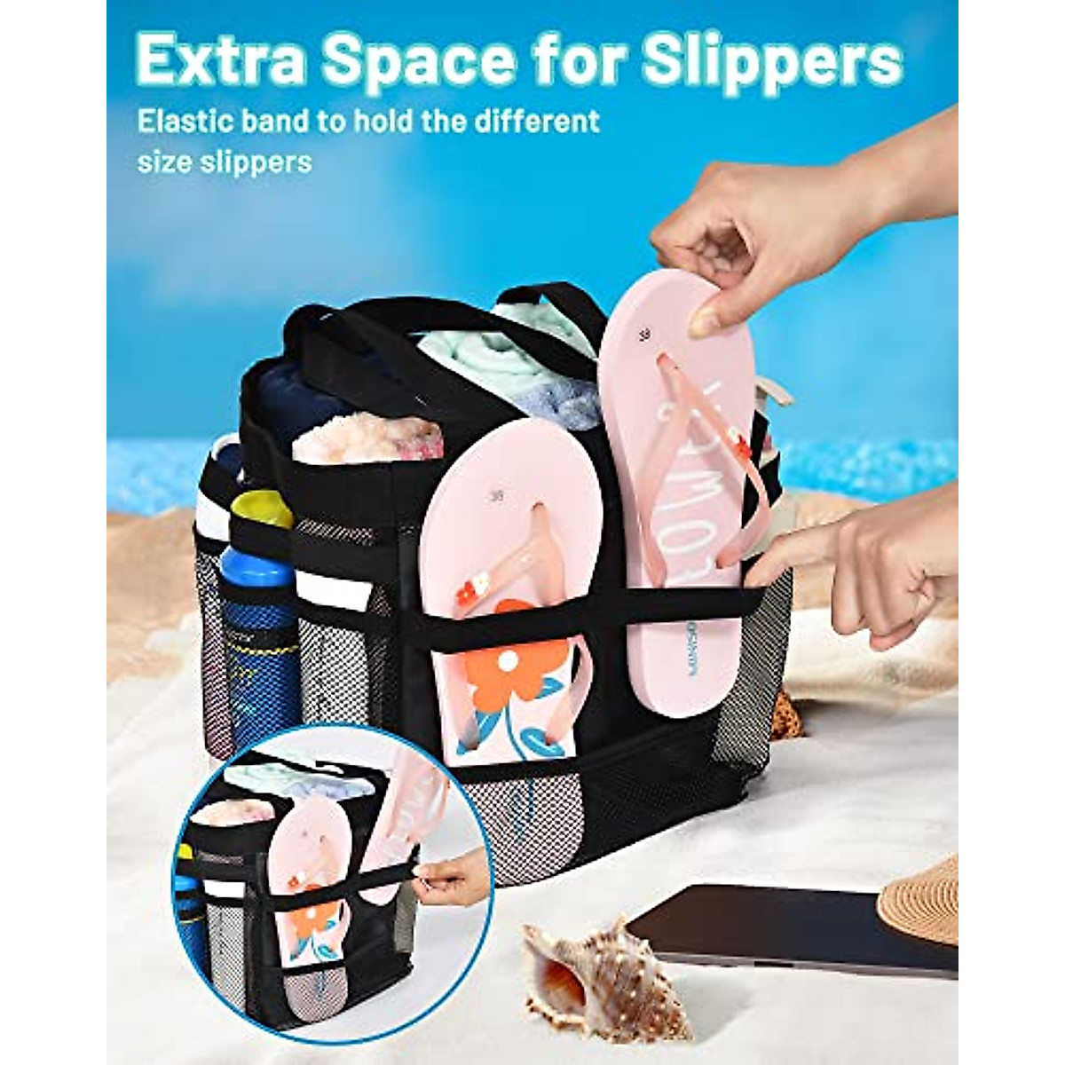 ULG Shower Bag, Mesh Shower Caddy with Waterproof Bag and Slippers Pocket, Large Hanging Portable Shower Tote Beach Bag with S Hook for College, Dorm, Gym, Camp, Beach, Pool