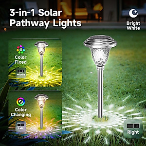 BEAU JARDIN 8 Pack Solar Pathway Lights Outdoor Stainless Steel Lights Solar Powered Waterproof Glass High Lumen Garden Landscape Path Yard Walkway Driveway Outside Color Changing Cool White Silver