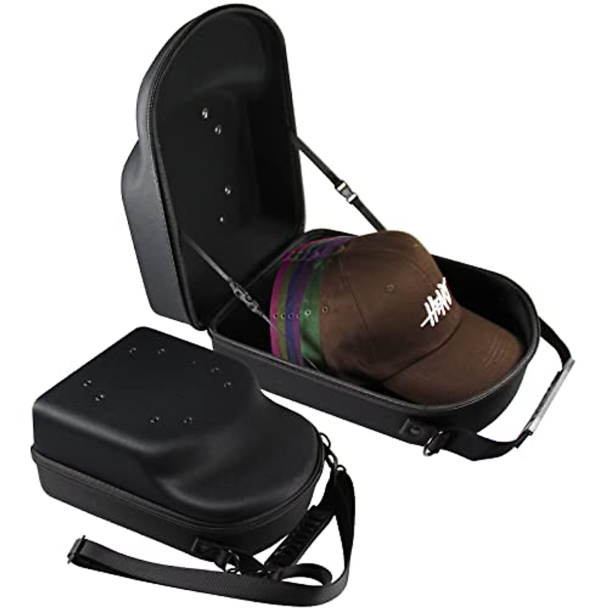 Newman iDesign Hat Travel Case: Hard Hat Case with Adjustable Shoulder Strap - Black Hat Holder for Travel Fits 6 Hats - Baseball Hats Organizer for Men and Women