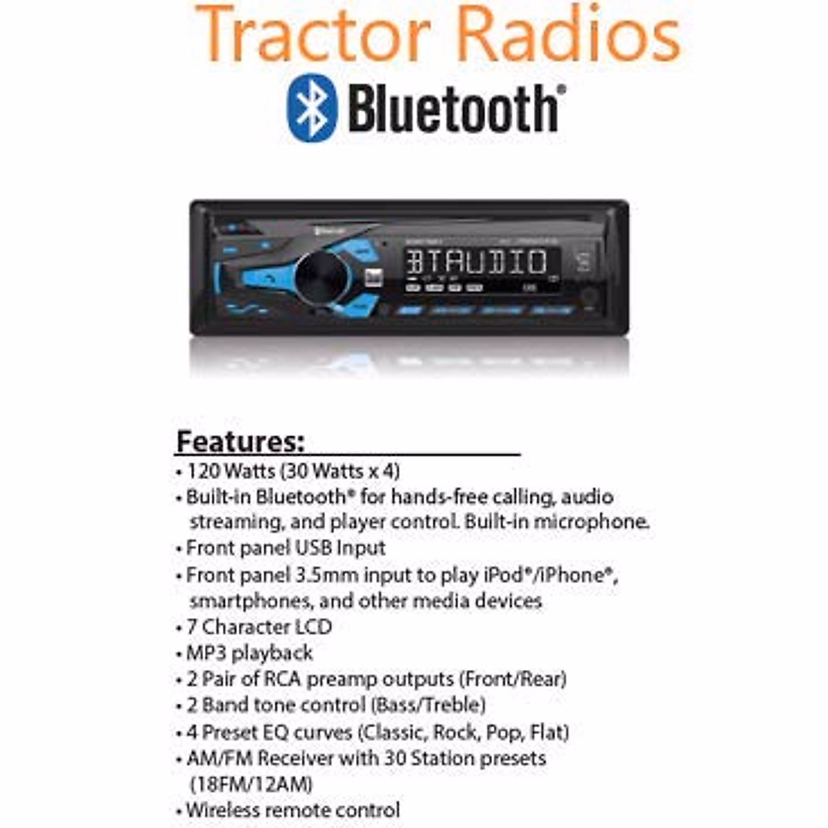 Compatible Kubota Tractor Direct Connect Stereo Radio MP3 AM FM USB Aux Bluetooth Remote RTV-1100 RTX-1100C Harness Plug B2650 RTV RTX