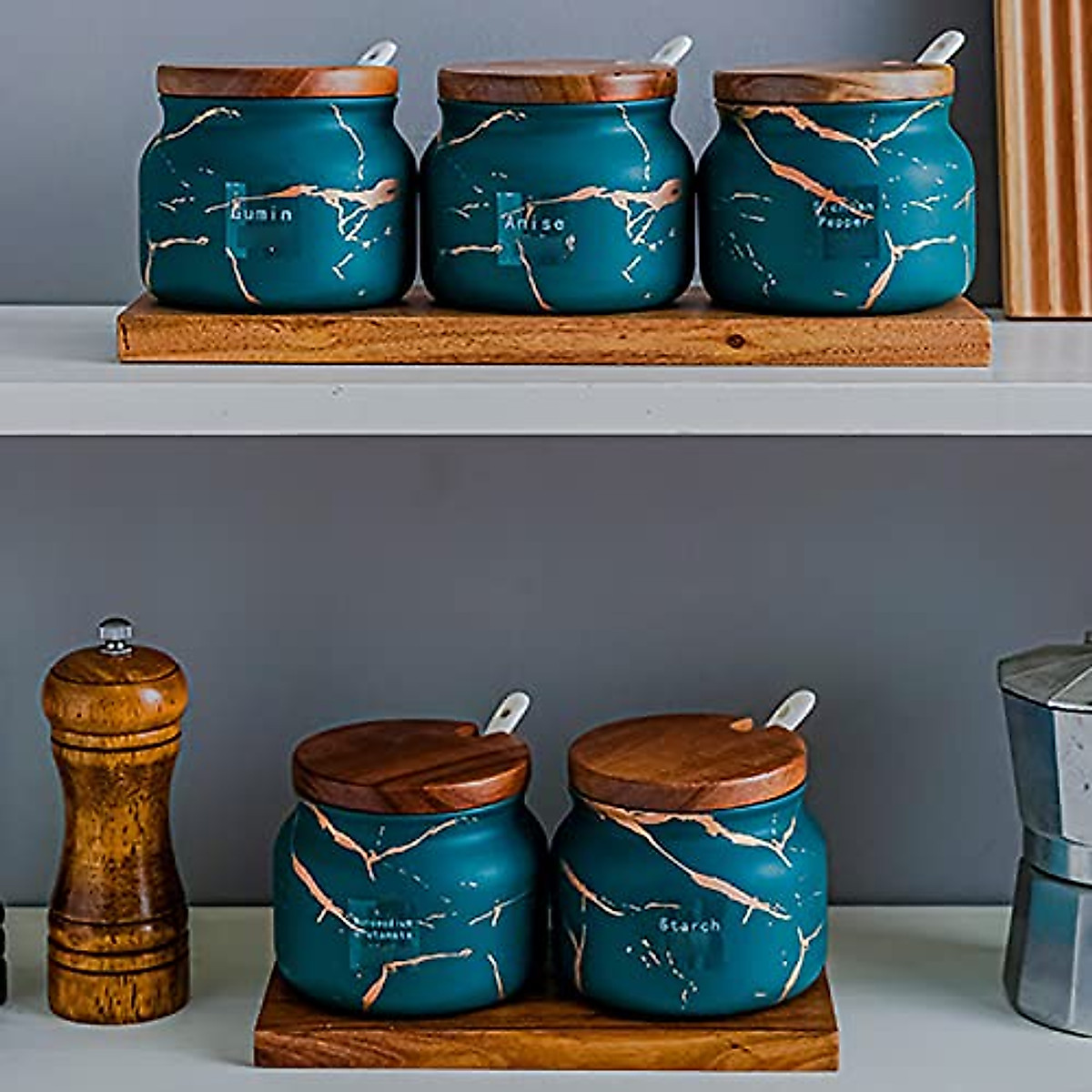 JFFLYIT 3 pcs round porcelain condiment jars set sugar bowl ceramic spice jars marble ceramic seasoning coffee and sugar canister set with bamboo wood lid wood tray and ceramic spoon（Green）