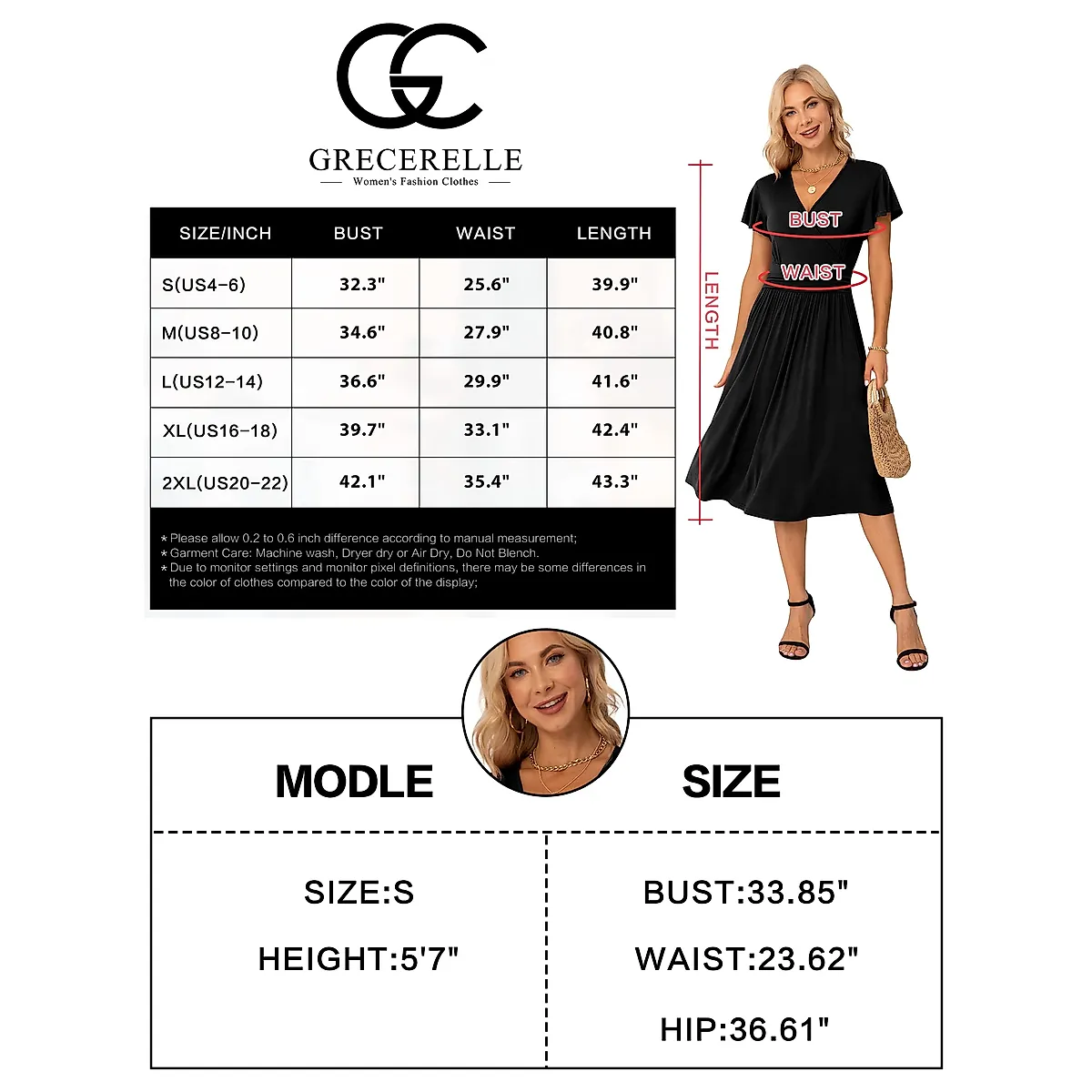 GRECERELLE Summer Dress for Women, Casual Short Sleeve Black Dresses, Wrap V-Neck Party Dress(X-Large, Black)