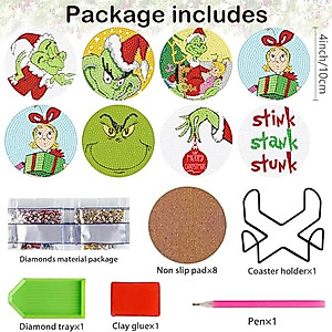 8 Pcs Christmas Diamond Painting Coasters Kits with Holder DIY Christmas Diamond Art Coaster Non Slip Coaster for Adults Xmas Holiday Diamond Painting Kits Supplies