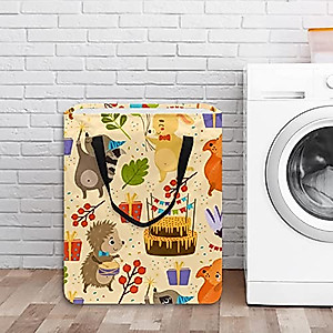 Birthday Cake Gifts and Animals Print Collapsible Laundry Hamper, 60L Waterproof Laundry Baskets Washing Bin Clothes Toys Storage for Dorm Bathroom Bedroom