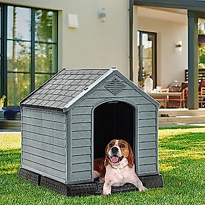 YITAHOME 34.5'' Large Plastic Dog House Outdoor Indoor Doghouse Puppy Shelter Water Resistant Easy Assembly Sturdy Dog Kennel with Air Vents and Elevated Floor (34.5''L*31''W*32''H, Black+Gray)