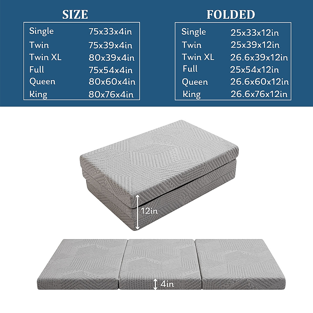 Folding Mattress 4 Inch Tri Folding Memory Foam Mattress, Portable Trifold Mattress Topper with Breathable & Washable Cover, Foldable Floor Mattress Guest Bed for Camping, Travel, Twin XL