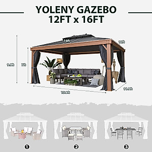 YOLENY 12' x 16' Hardtop Gazebo Faux Wood Grain with Aluminum Frame, Galvanized Steel Double Roof, Outdoor Patio Gazebo with Netting and Curtains for Backyard, Patio and Lawns