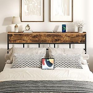 YATINEY Queen Size Headboard Only, Headboard for Queen Size Bed with Storage, Industrial Wooden Headboard with Outlet, USB and Type C Port, Adjustable Height, Sturdy and Stable, Rustic Brown and Black