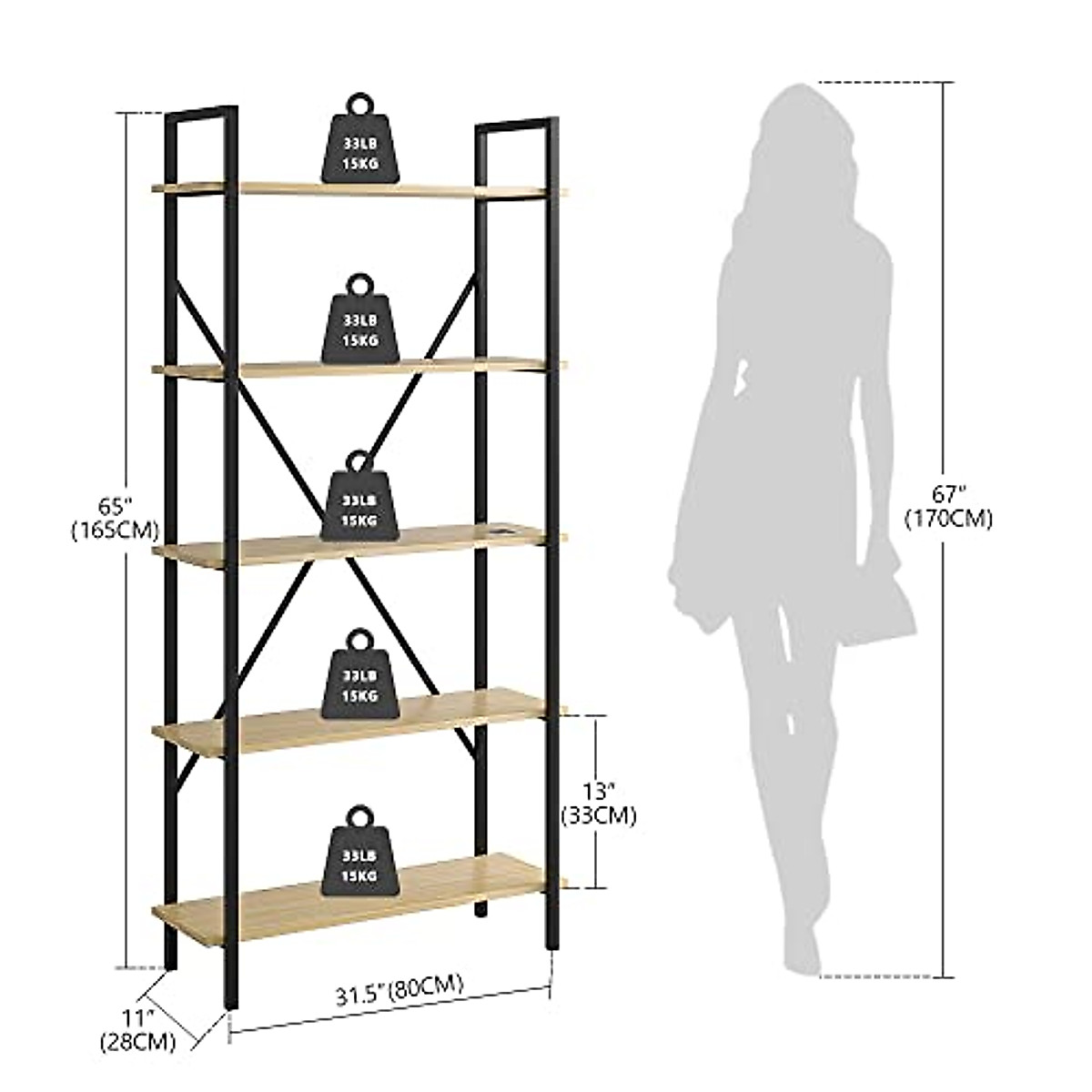 HNEBC 5 Tier LED Bookshelf,Modern Bookcase Open Storage Shelving with Smart Sensing 3 Colors LED Strip,Industrial Style Tall Bookshelf Floating Shelves/Bookcases for Room Living Room Office(Wood)