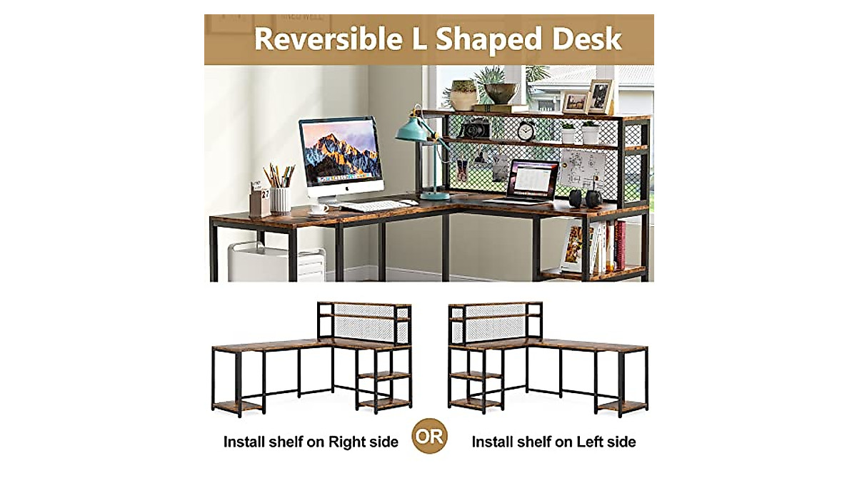 Tribesigns 67" Reversible Computer Desk with Storage - Rustic Brown