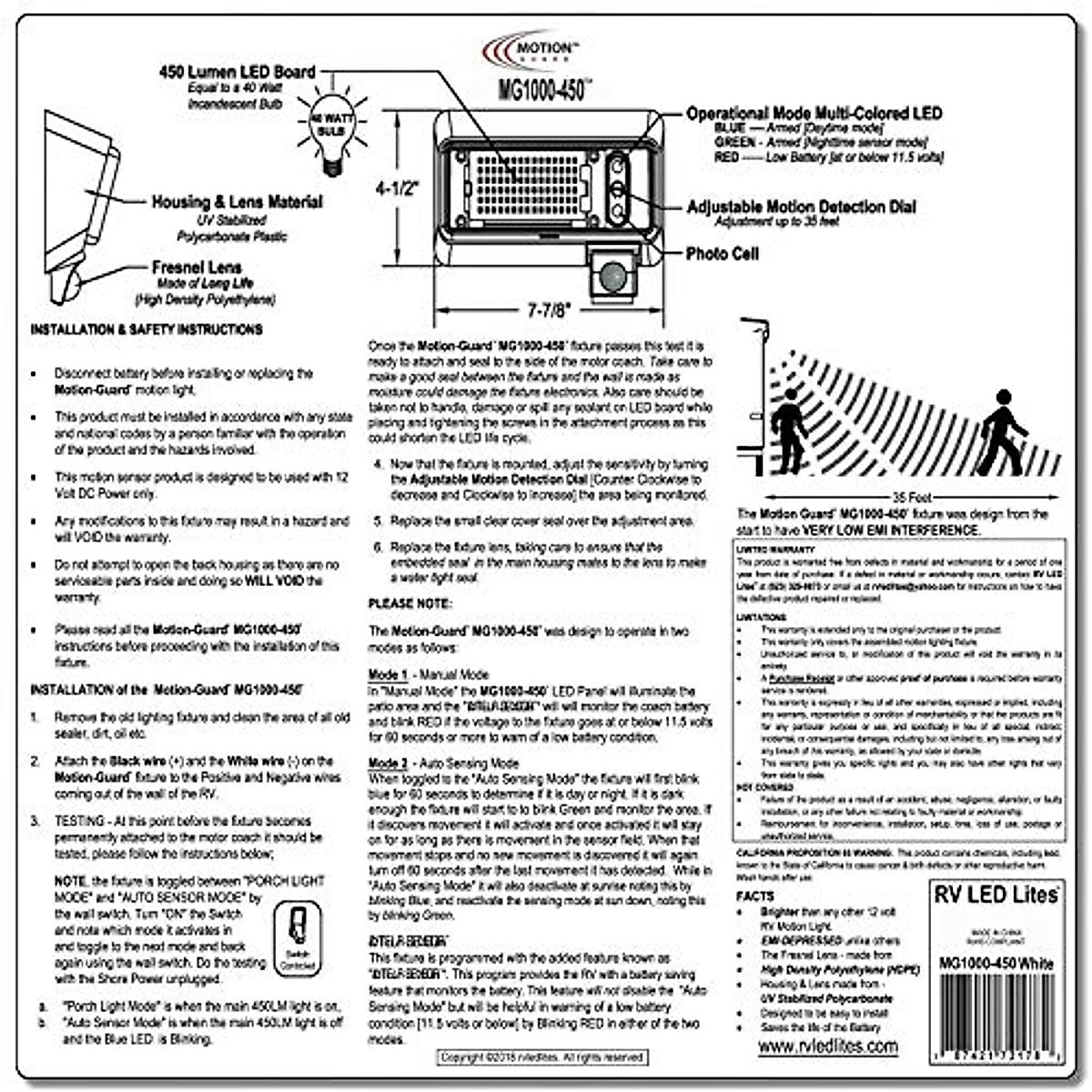 MOTION-GUARD, MG1000-450W, RV Motion Sensor Light, 12 Volt, Exterior Mounted Motion Sensor Bright LED Porch Utility IP65 Flood Light with Battery Monitoring Sensor and EMI Suppression, USA Designed