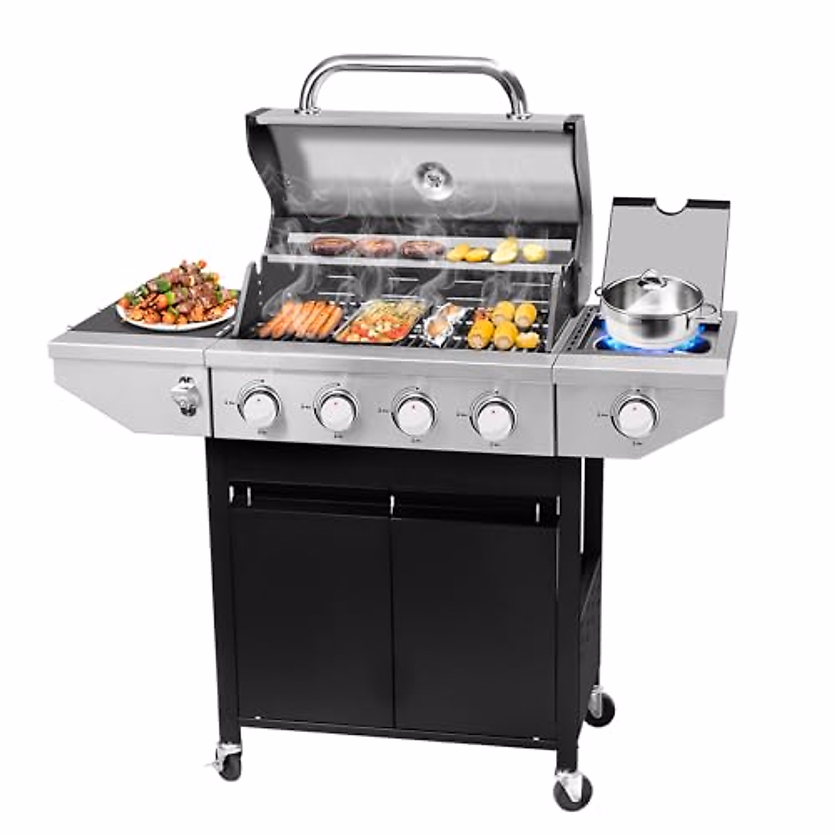 Unovivy 4-Burner Propane Gas BBQ Grill with Side Burner & Porcelain-Enameled Cast Iron Grates Built-in Thermometer, 47,000 BTU Outdoor Cooking, Patio, Garden Barbecue Grill, Black and Silver