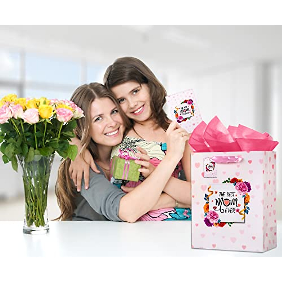 WhatSign Mothers Day Gift Bags with Handle 11.5" Medium Mother's Day Best Mom Ever Gifts Bags with Tissue Paper Happy Mother's Day Flowers Paper Gift Bags for Mom Grandmother Aunt Wife Birthday Bags