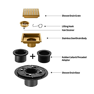 Shower Drain, Brushed Gold 4 inch Shower Floor Square Drain with Flange, Removeable Grid Panel SUS 304 Stainless Steel Square Shower Drain