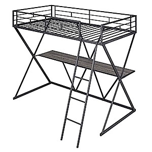 ATY Metal Loft Bed with Wood Desk and Ladder, X-Shaped Twin Size Bedframe w/Full-Length Guardrails, for Kids Teens Adults, Bedroom Furniture, Black