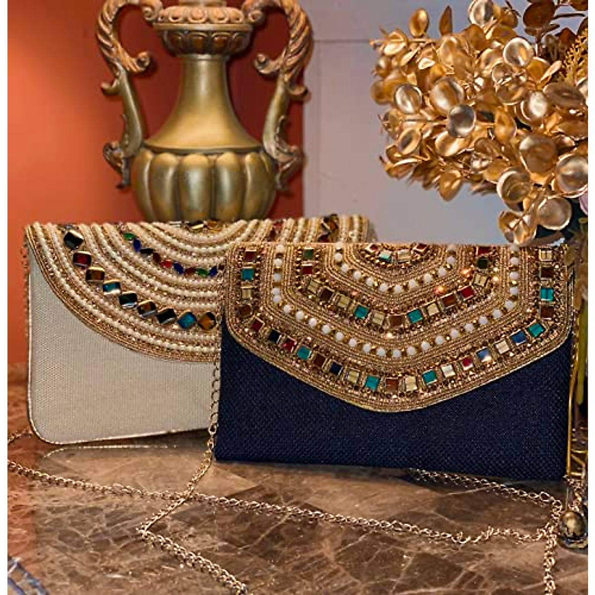 Women's Black and Gold Beaded Envelope Clutch, Luxury Handmade Formal Vintage Evening Bag