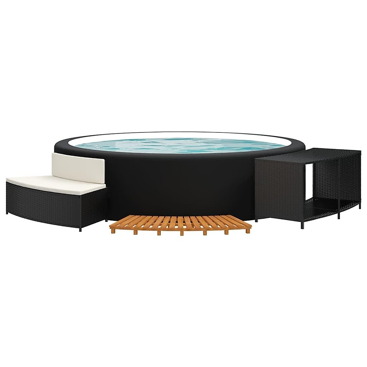 vidaXL Hot Tub Surround with Spa Bench, Storage Shelf, and Spa Step - Durable PE Rattan and Powder-Coated Steel Construction, Solid Acacia Wood Step, and Comfortable Cushions - Black