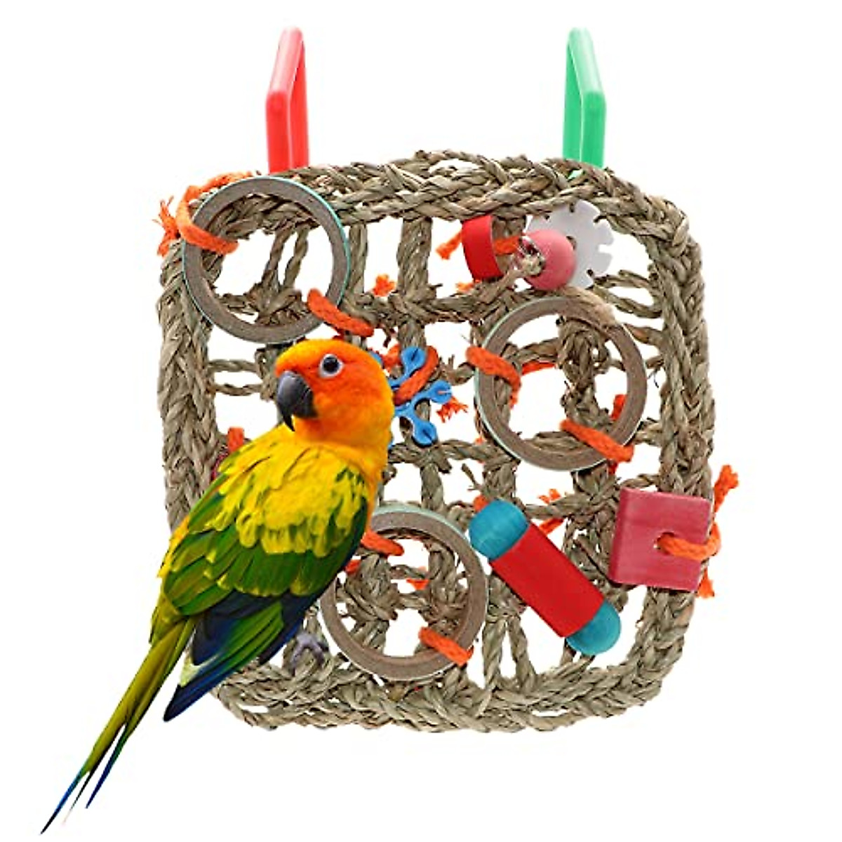 Wontee Bird Climbing Net Parrot Straw Braid Rope Hanging Foraging Wall for Parakeet Cockatiel Budgie Lovebird Cage Swing Toy