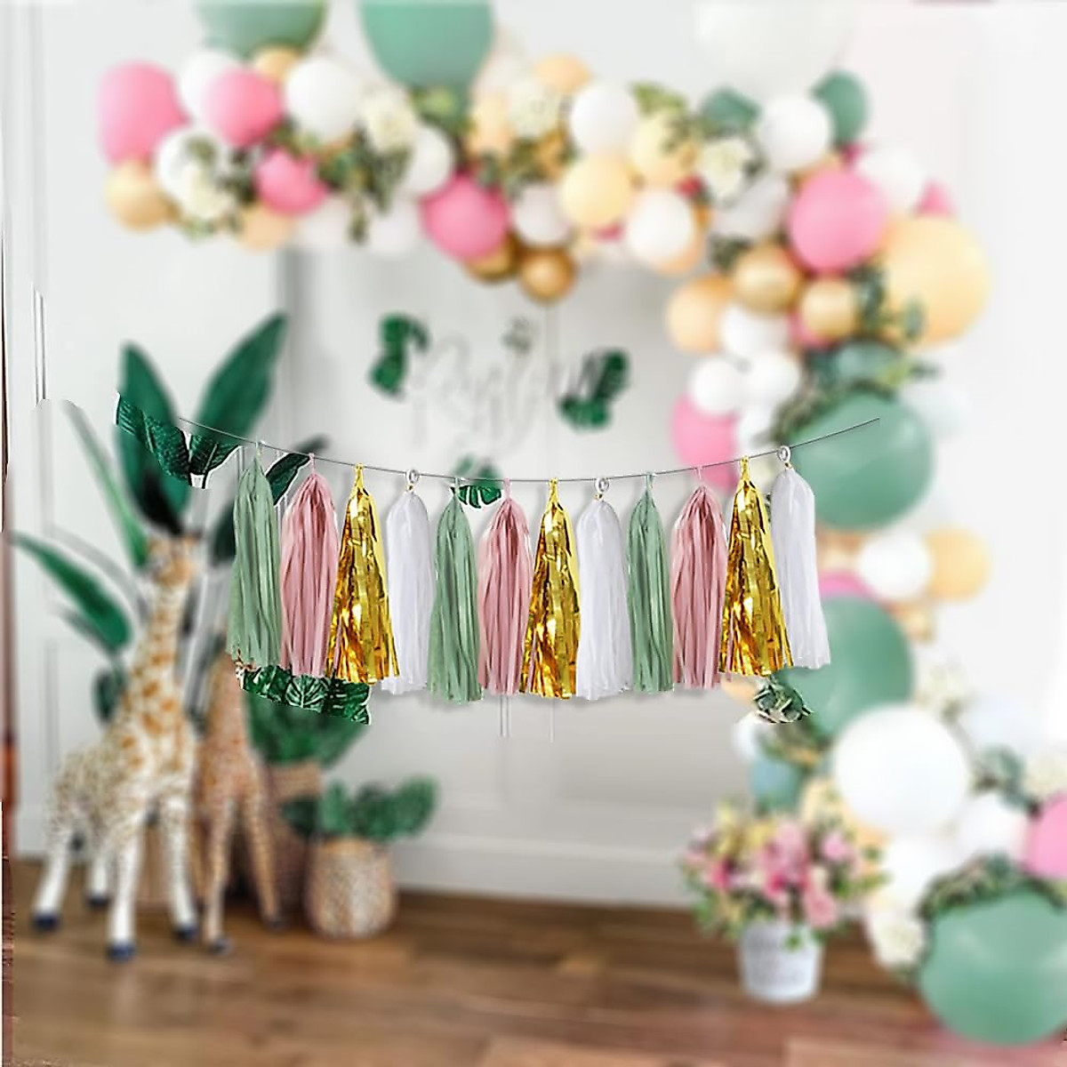 25PCS Sage Green Dusty Pink Boho Tissue Tassel Garland Banner Hanging Backdrop Classroom Nursery Girl Baby Shower Wedding Bridal Shower Birthday Jungle Safari Party Décor